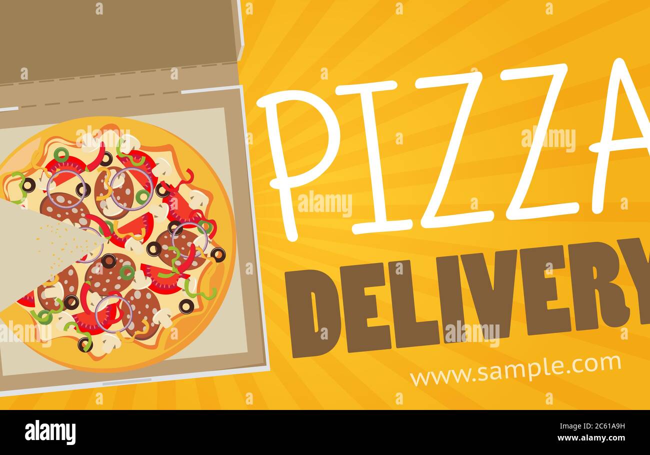 Pizza box vector advertisement banner. Pizza box delivery service Stock ...