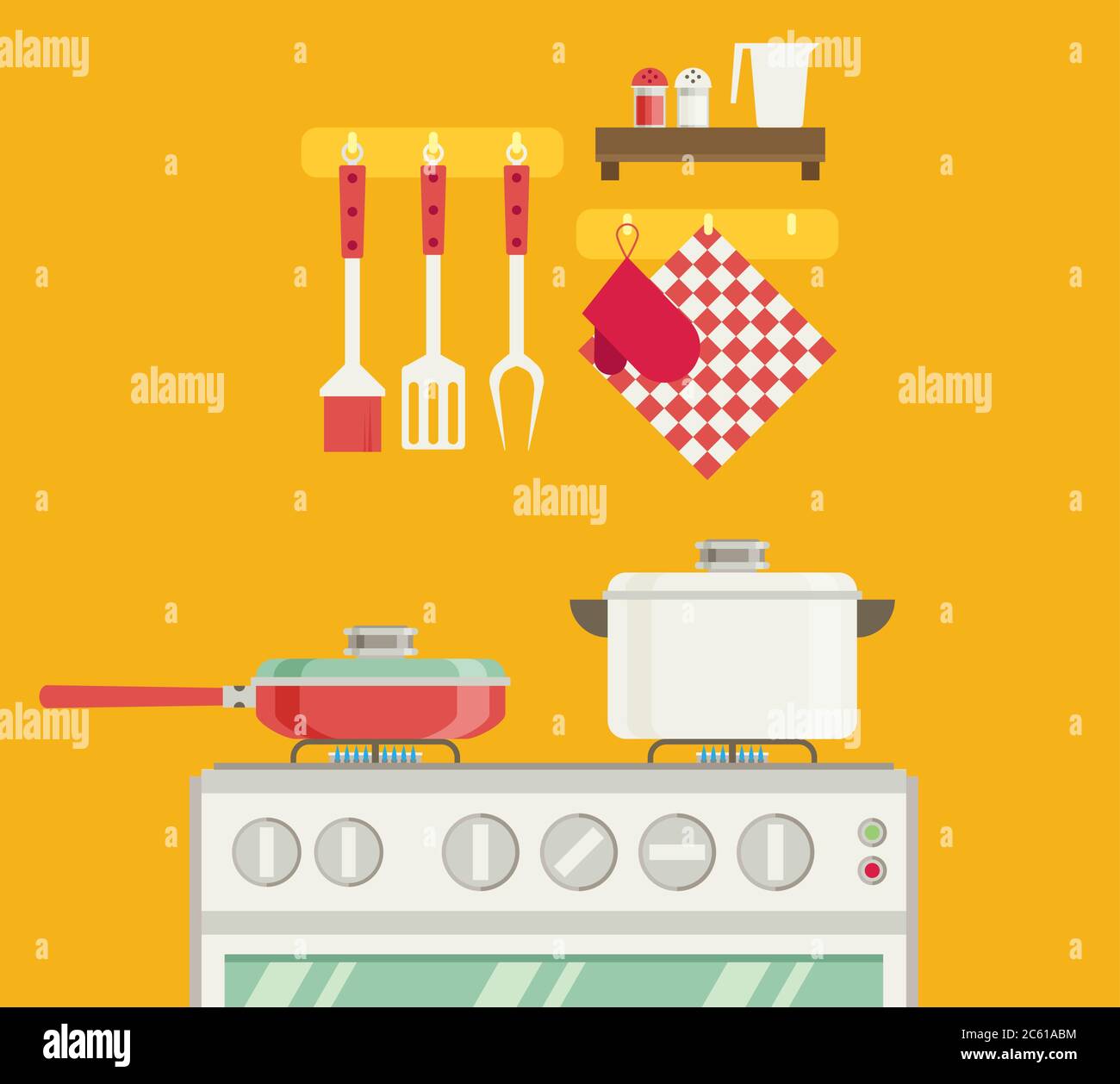 Interior of kitchen, pans on the stove, cooking. Vector illustration in ...