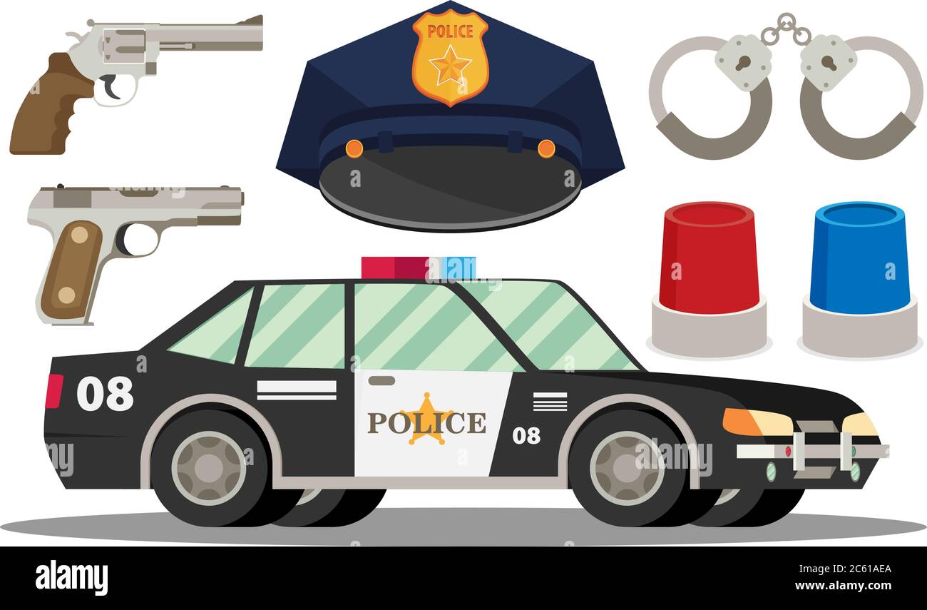 Police vector icon set- police hat,car,handcuffs, weapons and light ...