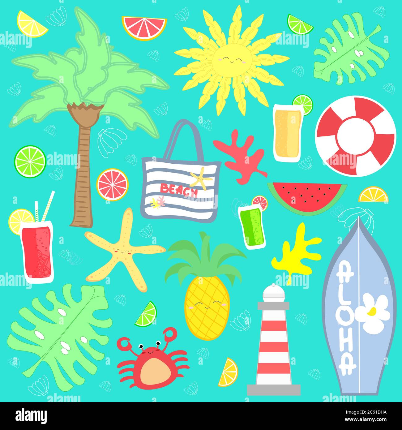 Cute summer vacation set vector illustration background Stock Vector ...