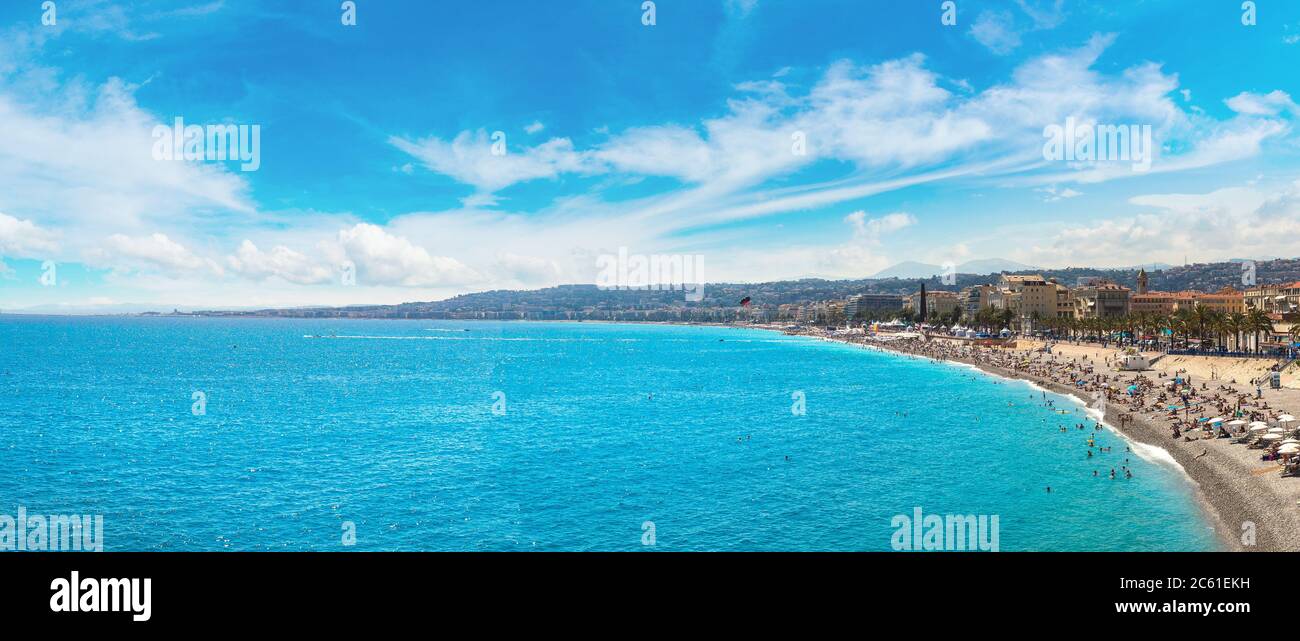 Panoramic aerial view of public beach in Nice in a beautiful summer day ...