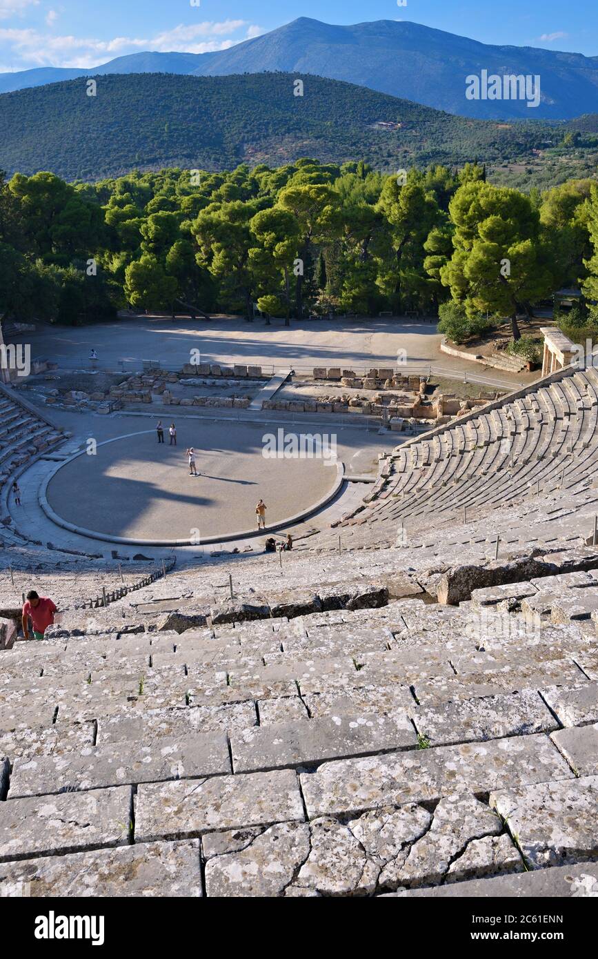 Epidavros, Greece - Sept 23, 2016: Tourists visit the ancient Theatre ...