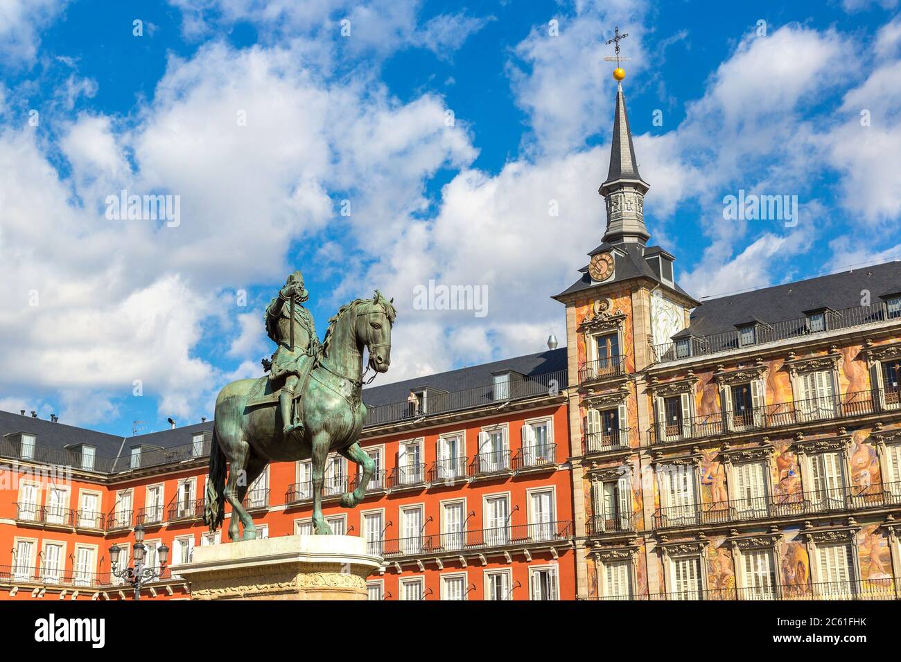 Plaza Mayor and statue of King Philips III in Madrid, Spain in a ...