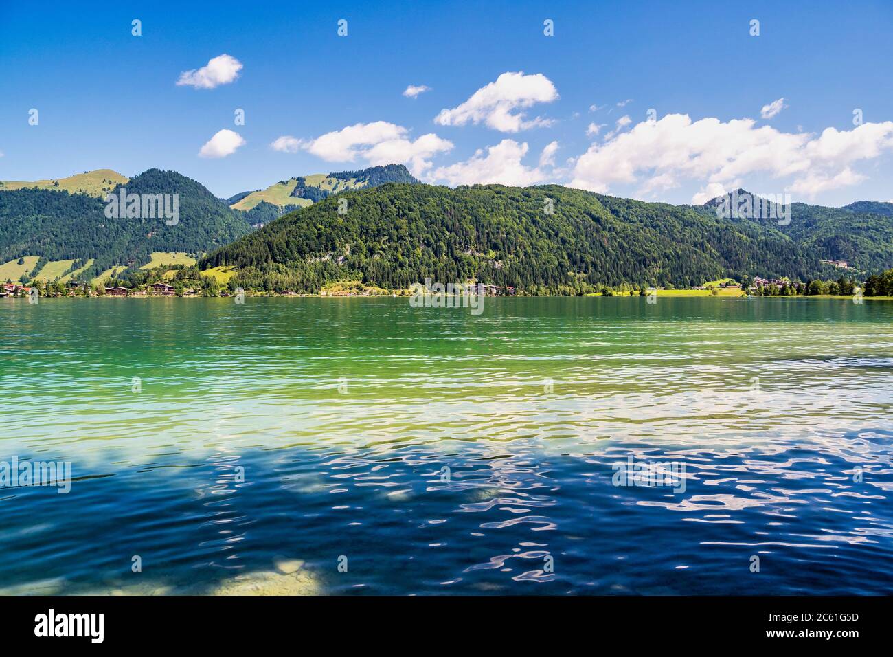 Lake Walchsee near Koessen at the Wilder and Zahmer Kaiser in Tirol ...