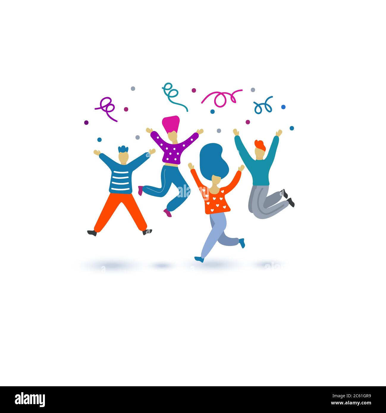 Friends jumping, doodles cartoon characters girls and boys are happy ...