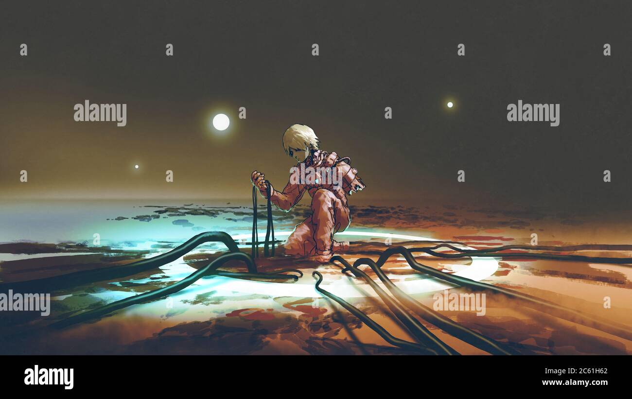 cyborg a torn arm sitting on the ground and charging the energy from ...