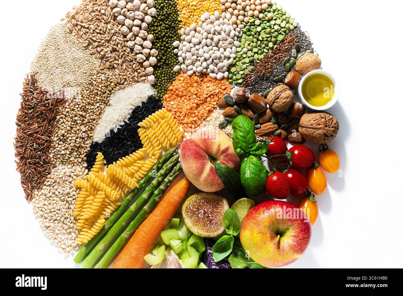 circle of basic vegan ingredients and products. cereals, legumes, fresh ...