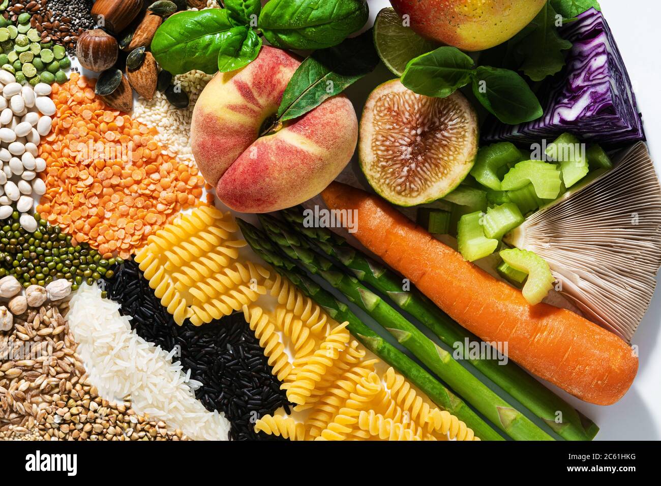 basic vegan ingredients and products. cereals, legumes, fresh ...