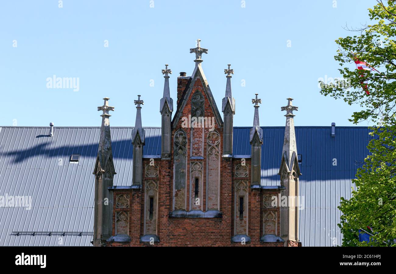 Riga, Latvia- May 29 2020: Gertrude church, red brick religion building ...