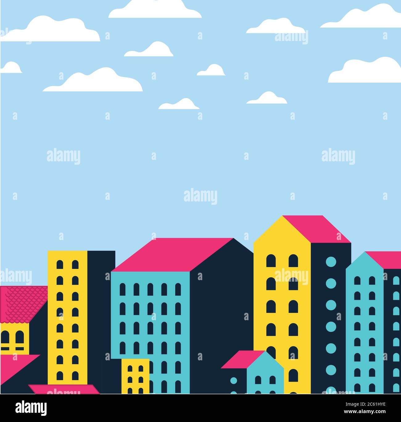 Yellow blue and pink city buildings landscape with clouds design ...
