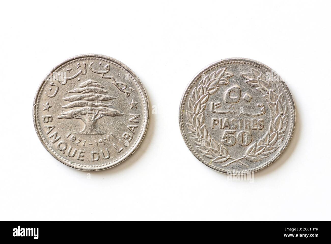 Old 50 piastres Lebanese coin isolated on white background Stock Photo ...