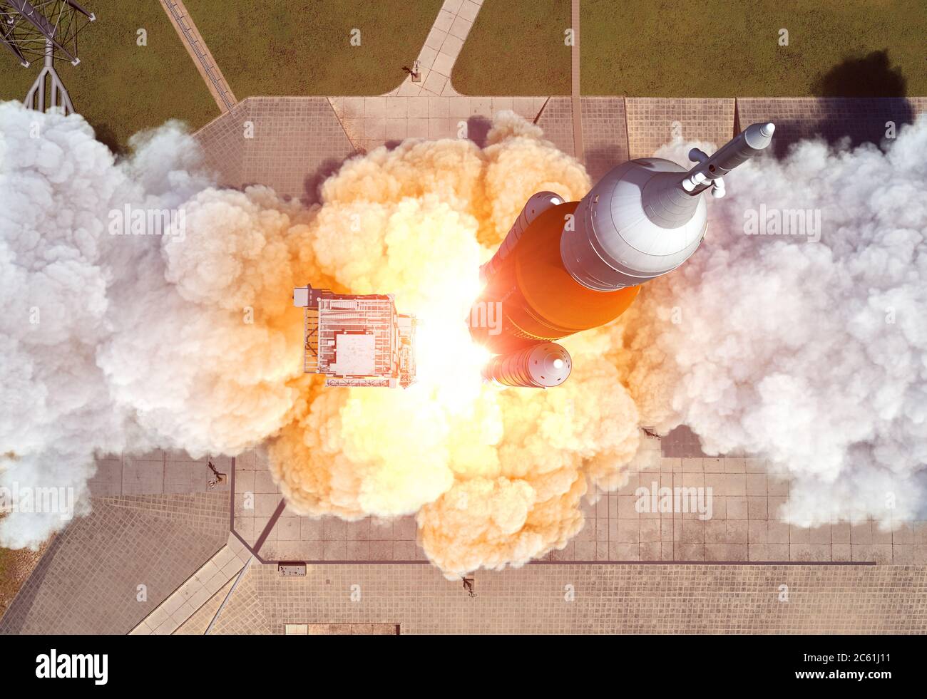 Launch Of Heavy Carrier Rocket Space Launch System . Aerial View Stock ...