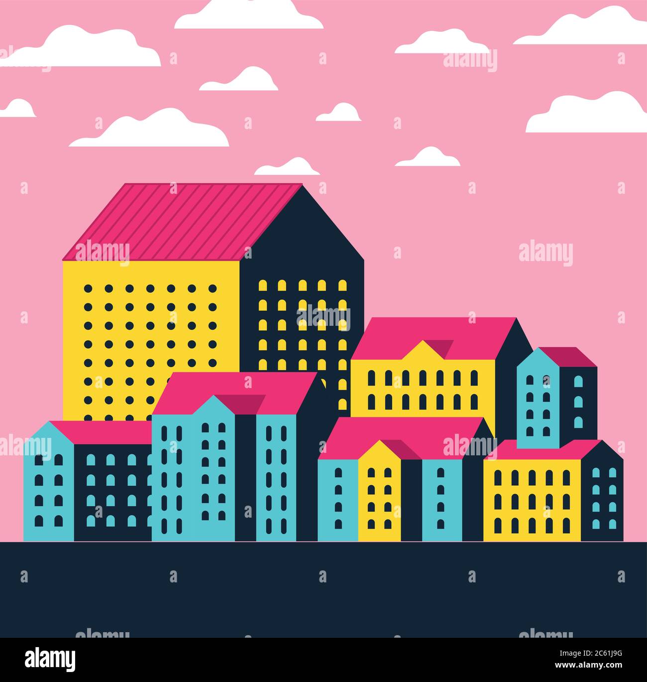 Yellow blue and pink city buildings landscape with clouds design ...