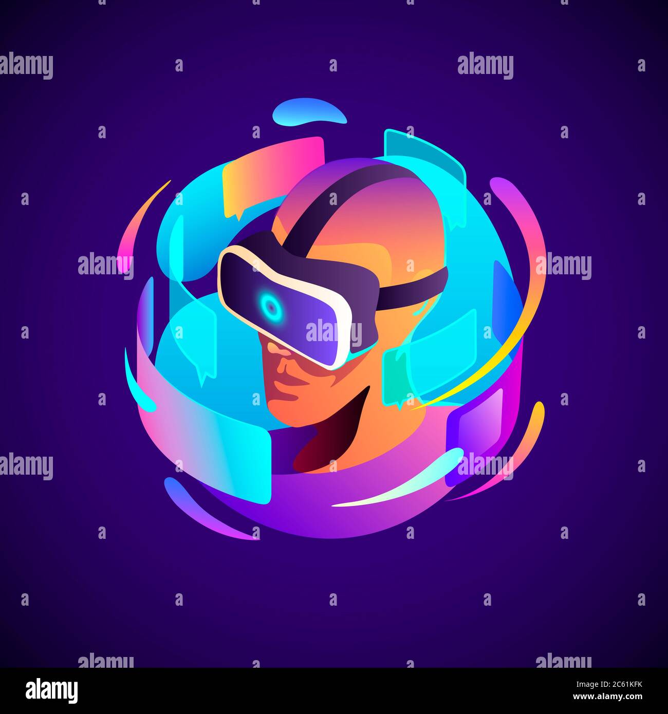 Man wearing virtual reality headset. Abstract vr interface. Vector flat ...