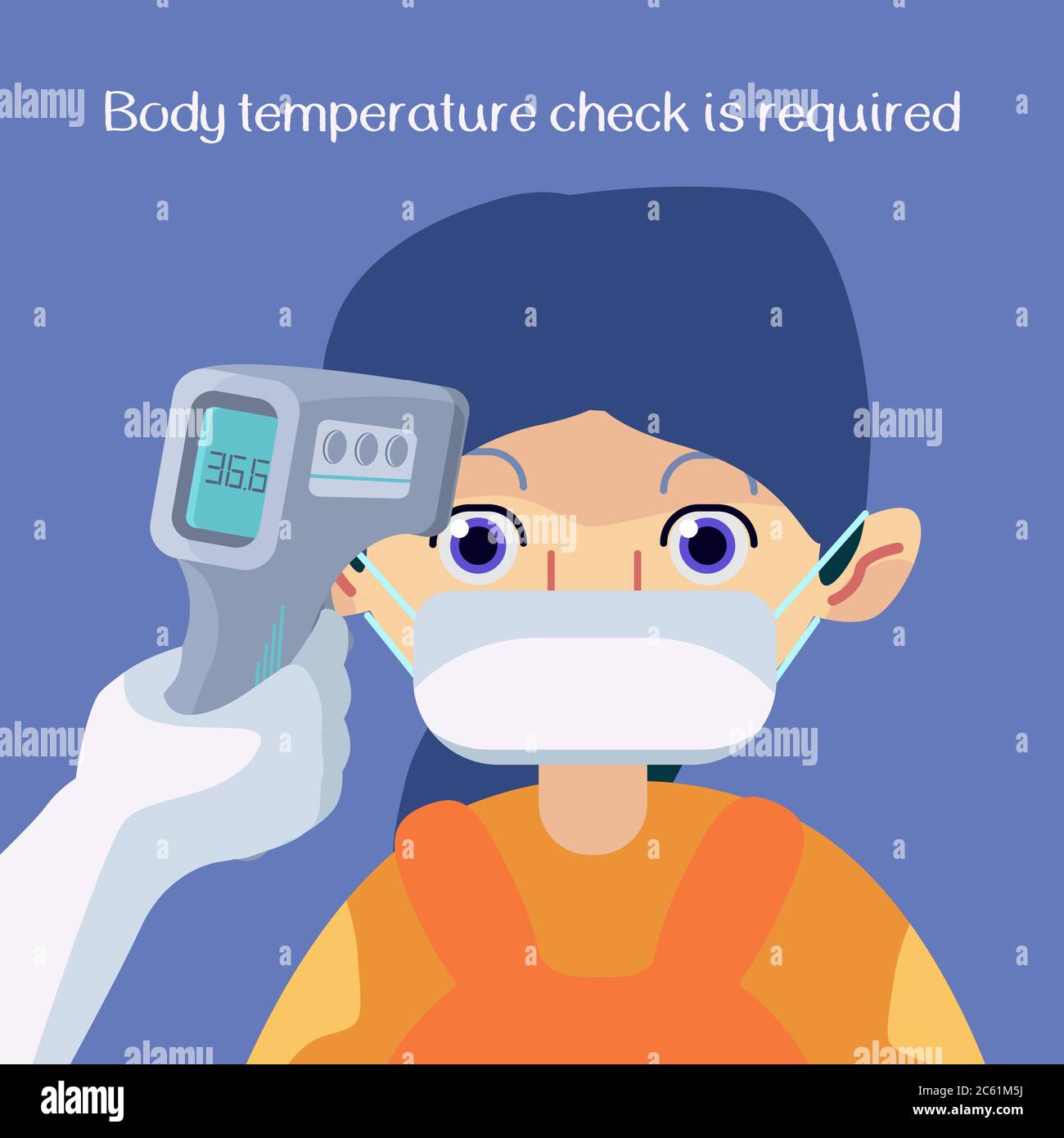 Temperature check text on blue backdrop. Woman in mask for social ...
