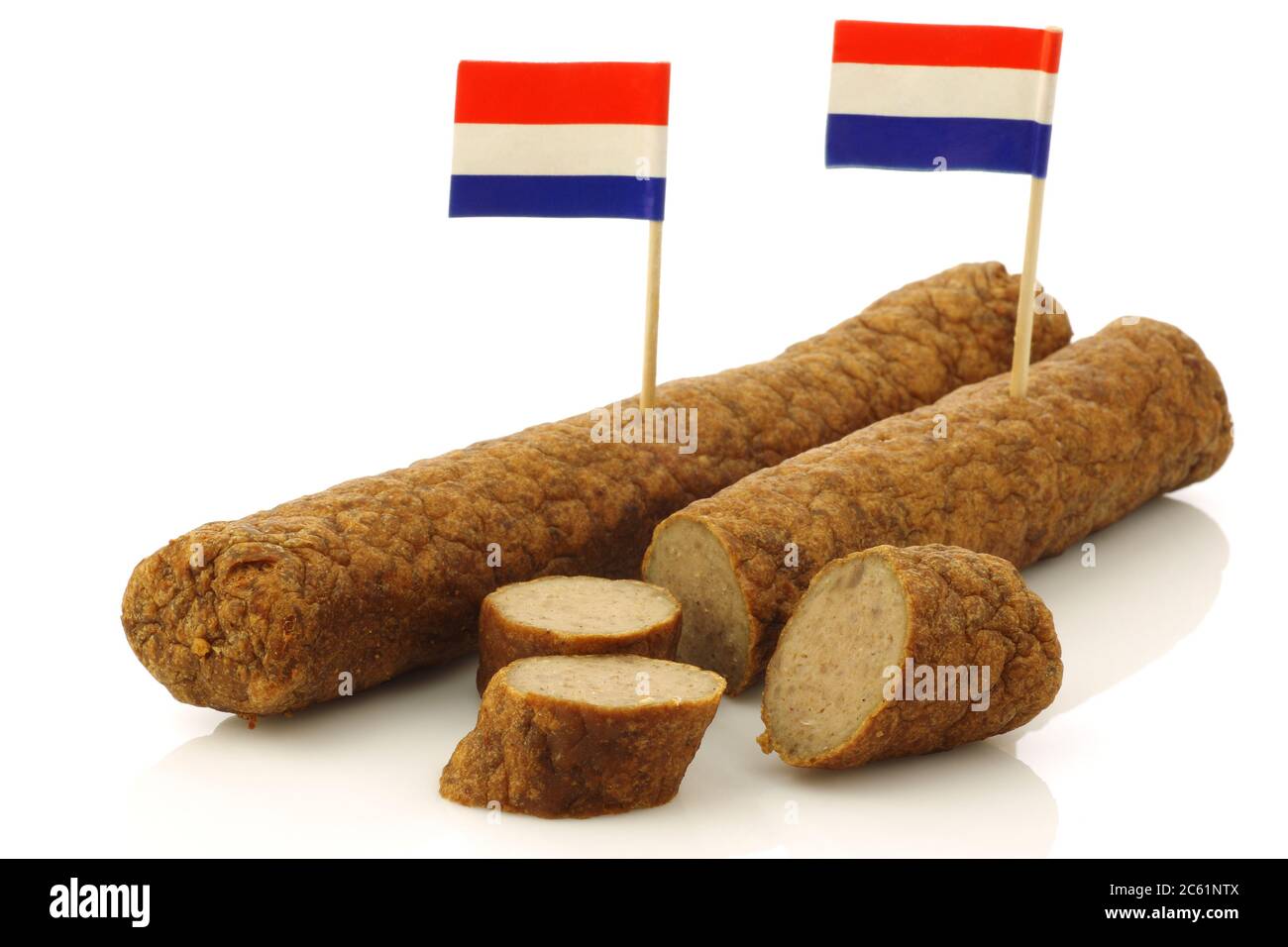 Dutch snacks called "fricandel" with Dutch flag toothpicks on a white ...