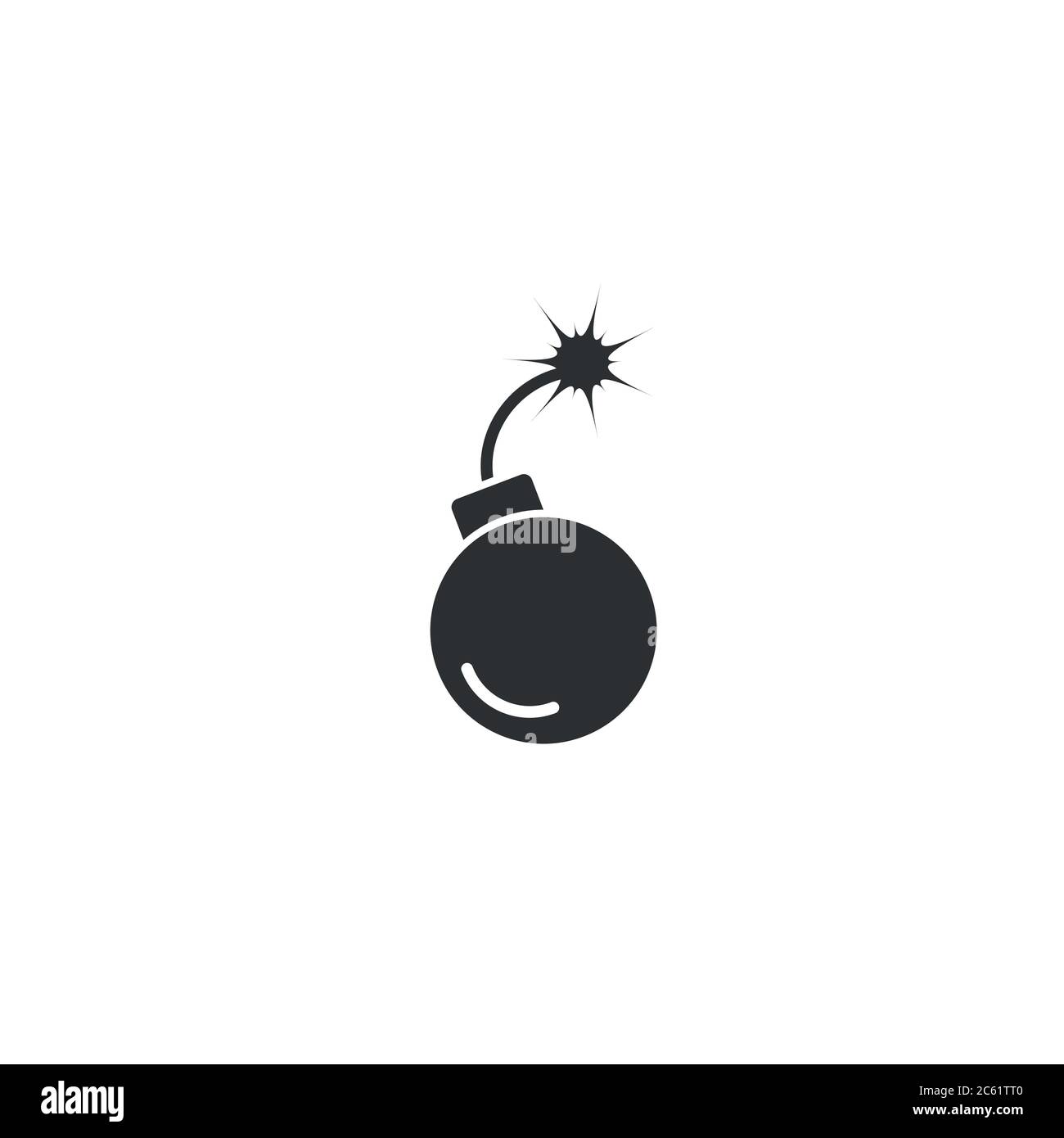 Black flat bomb icon. Round glossy inclined to the right bomb with fuse ...