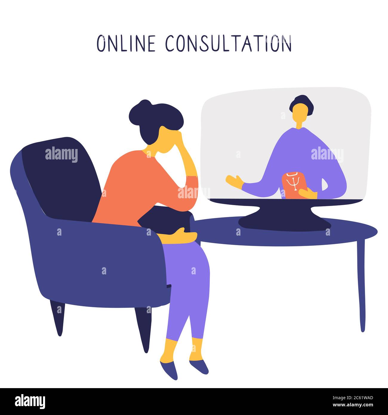 Woman sitting in chair in front of computer and talking to psychologist ...