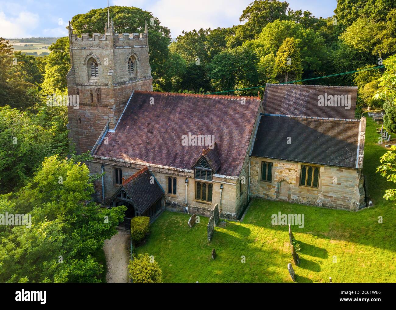 Aerial view of St. Leonards Church in Beoley, Worcestershire, England ...