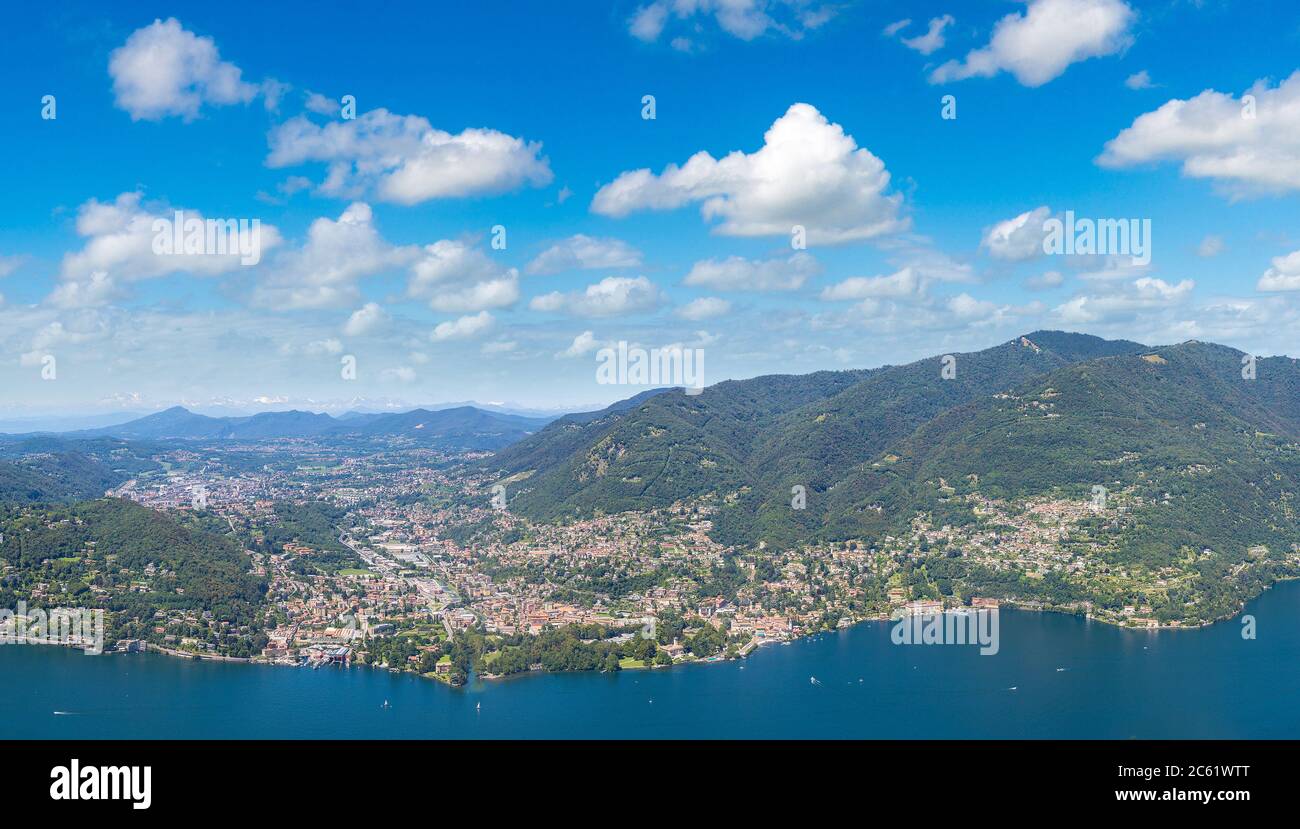 Panoramic aerial view of lake Como in Italy in a beautiful summer day ...
