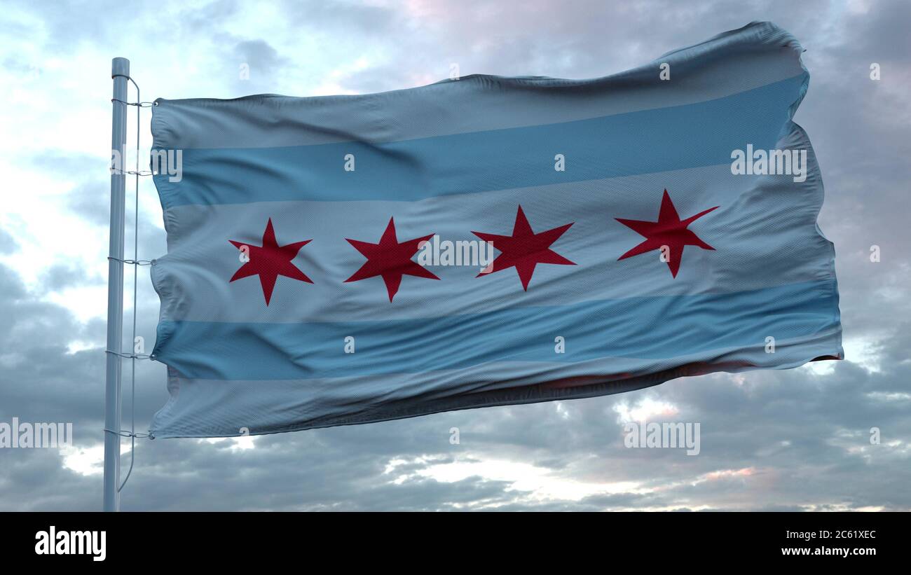Flag of Chicago city waving in the wind against deep beautiful clouds ...