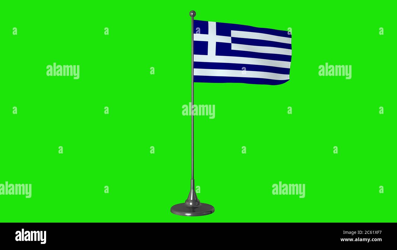 Greece small flag fluttering on a flagpole. Green screen background, 3d ...