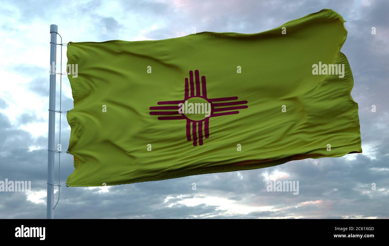 Flag of New Mexico waving in the wind against deep beautiful clouds sky ...