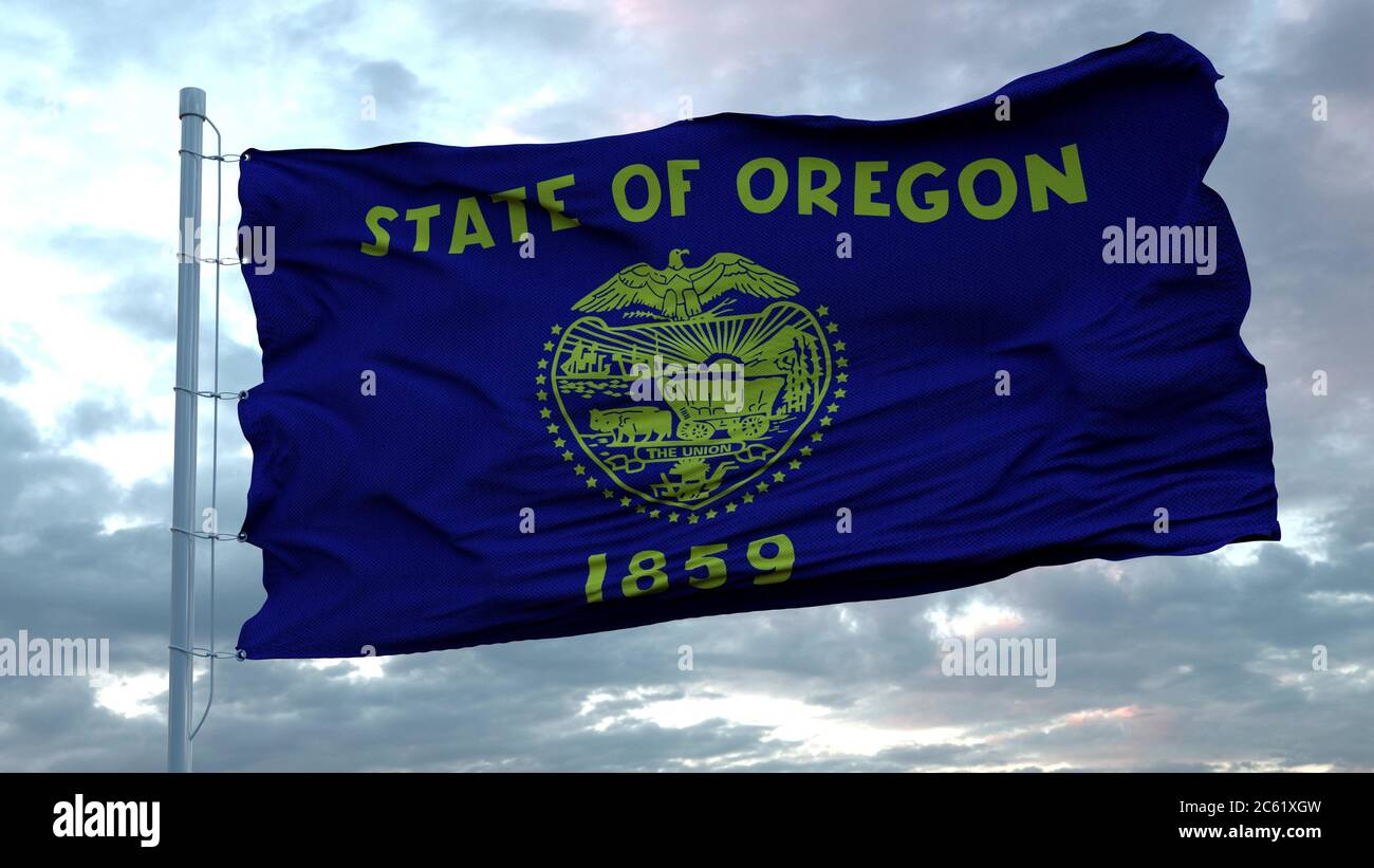 Flag of Oregon waving in the wind against deep beautiful clouds sky. 3d ...