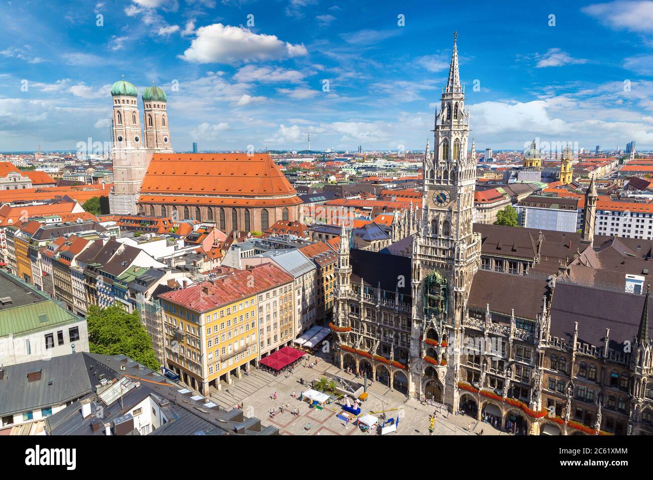 Aerial view on Marienplatz town hall and Frauenkirche in Munich ...