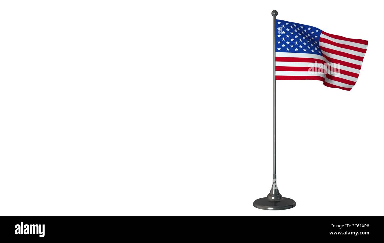 American small flag fluttering on a flagpole. White screen background ...