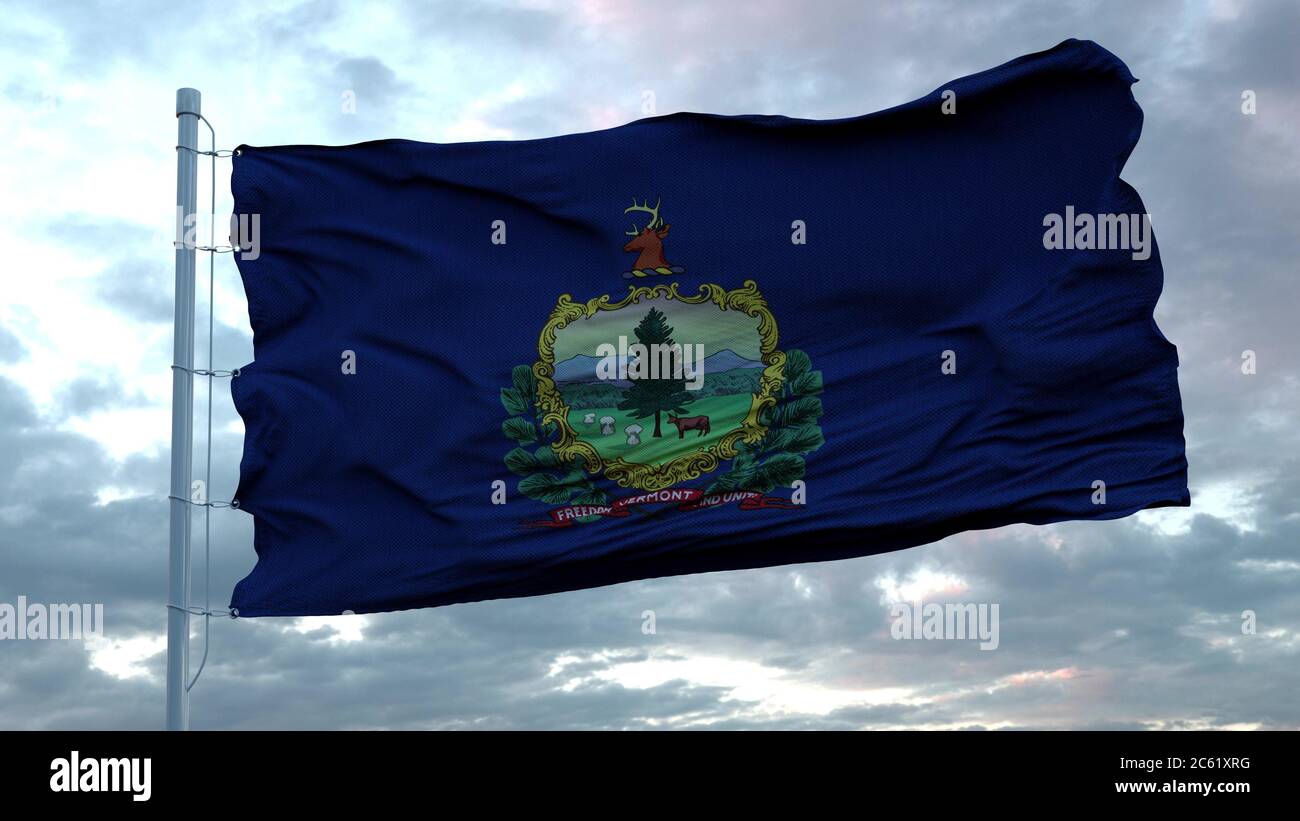 Flag of Vermont waving in the wind against deep beautiful clouds sky ...