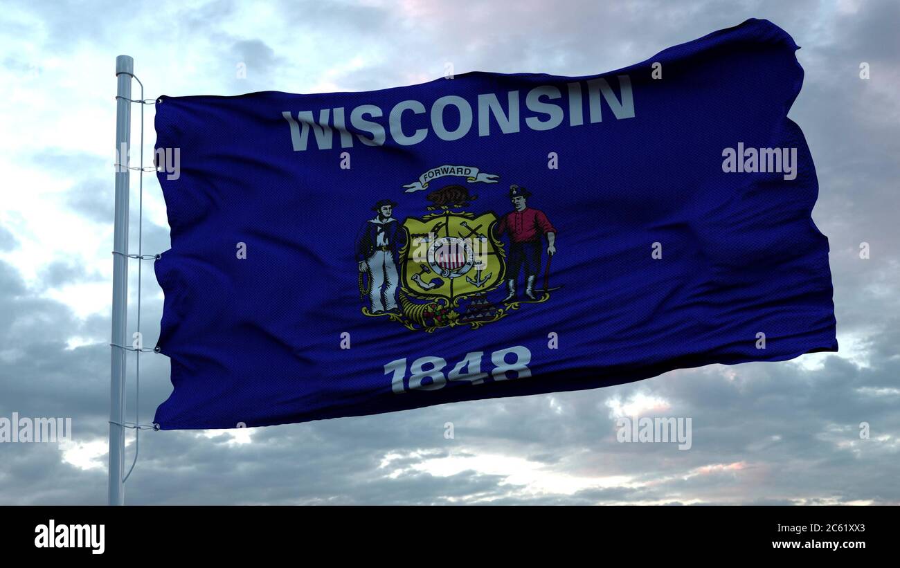 Flag of Wisconsin waving in the wind against deep beautiful clouds sky ...