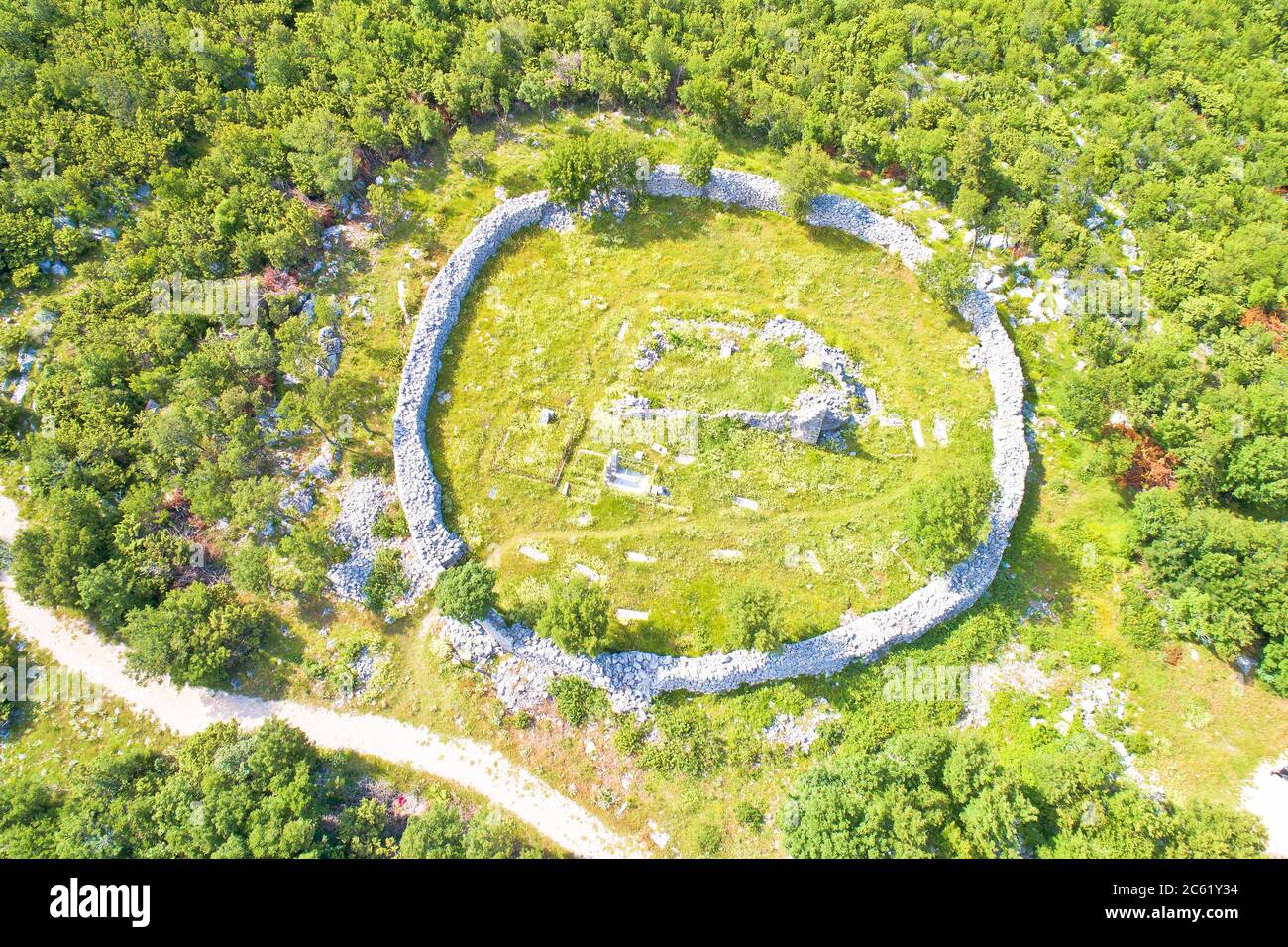 Circular cemetery historic landmark in Ledenice village aerial view ...
