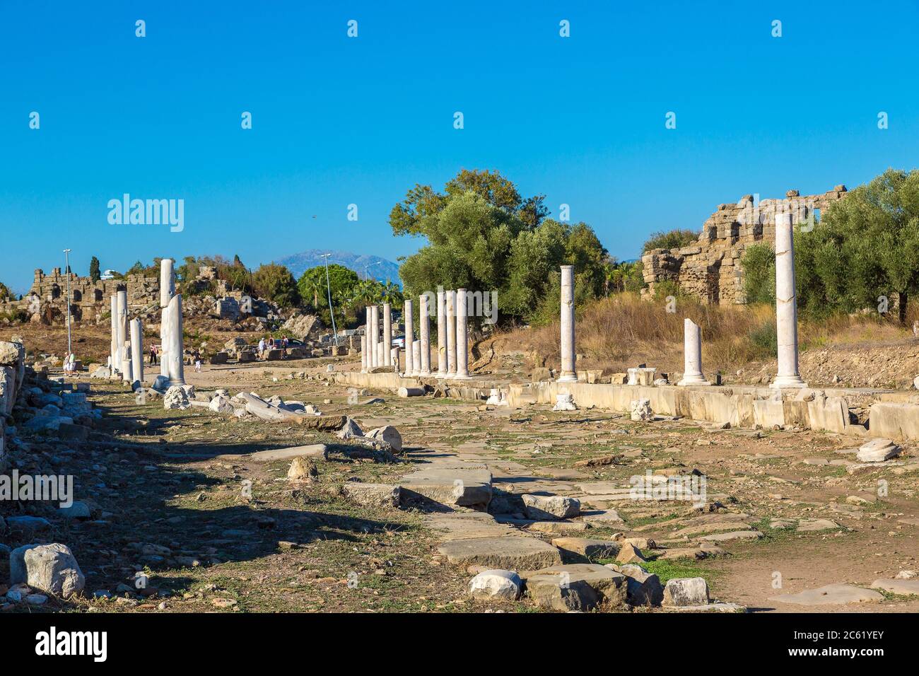 Ruins of agora, ancient city in Side in a beautiful summer day, Antalya ...