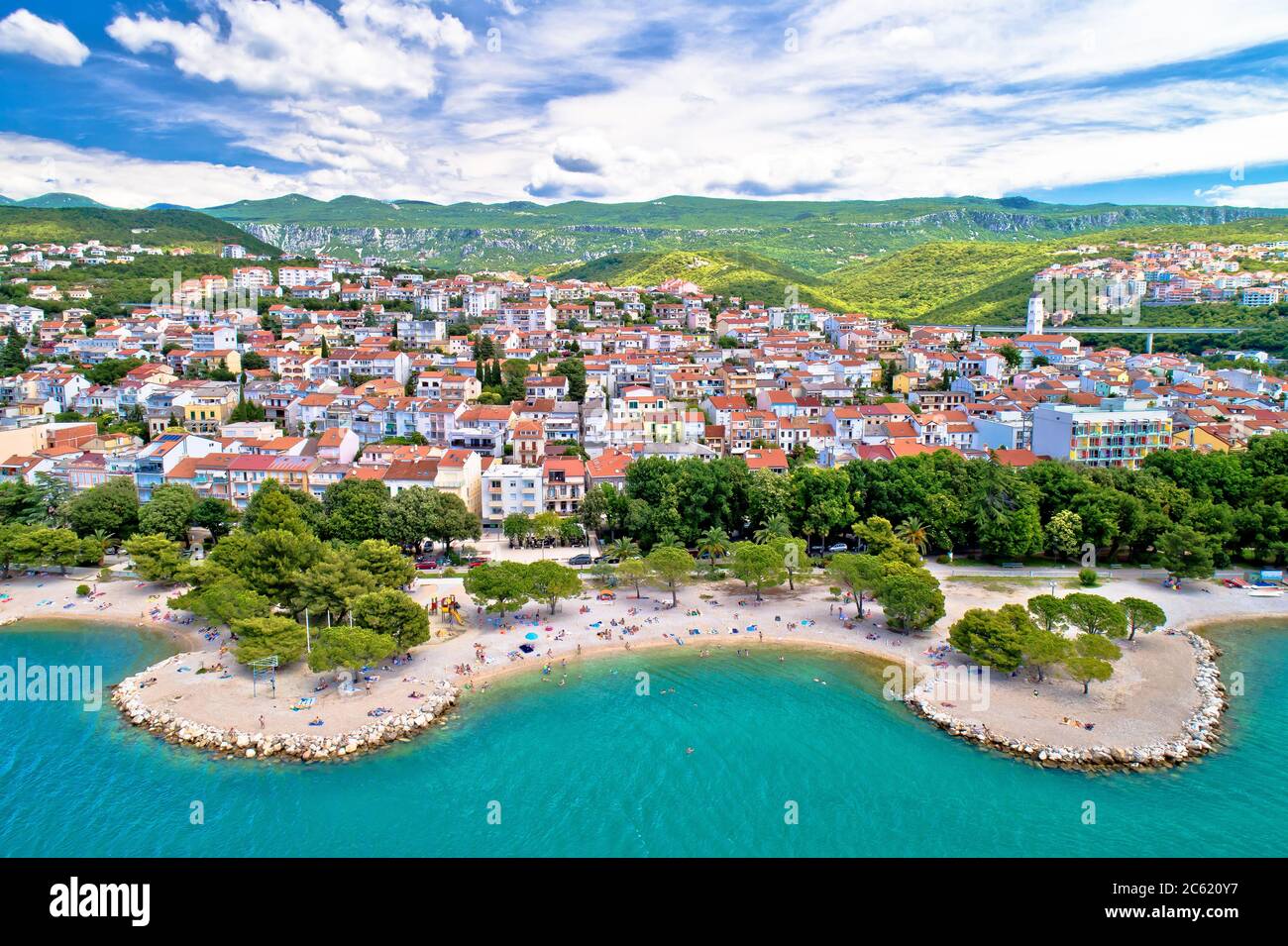 Crikvenica. Town on Adriatic sea beach and waterfront aerial view ...