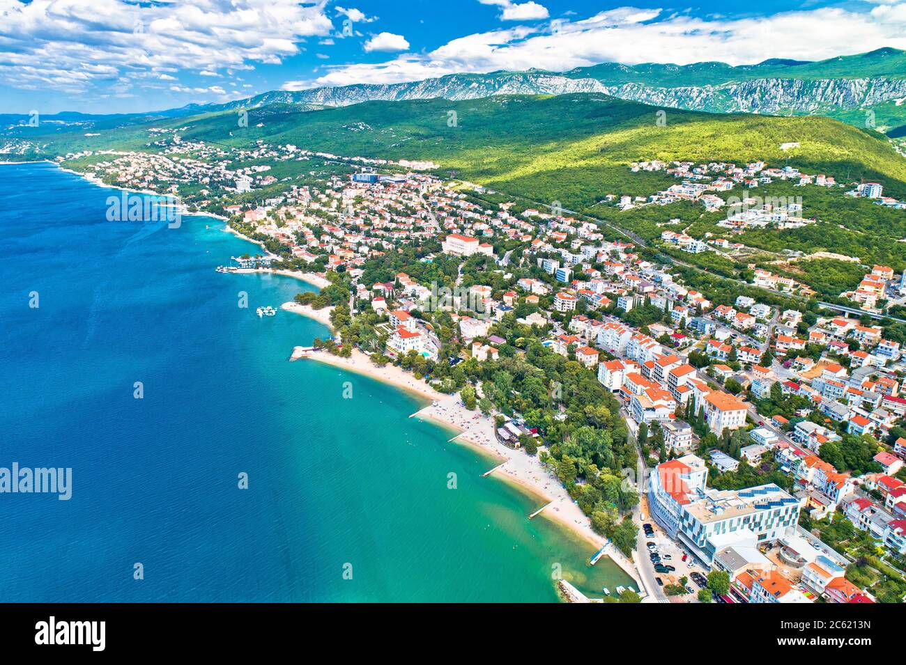 Crikvenica. Town on Adriatic sea beach and waterfront aerial view ...