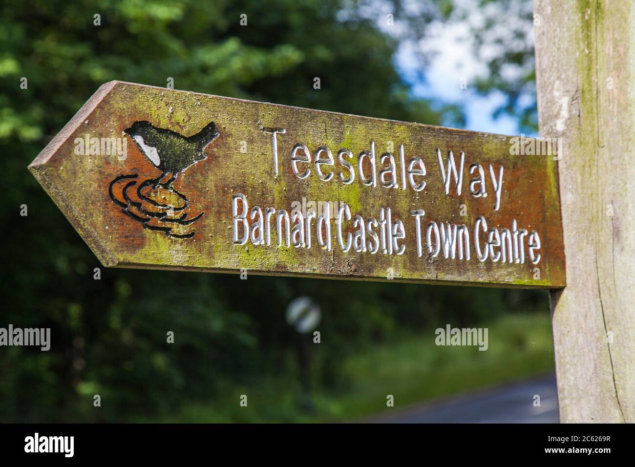 A directional sign post for the Teesdale Way and the town centre at ...