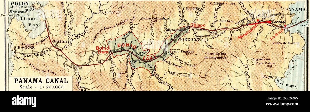 Map showing the Panama Canal, a man-made waterway which connects the ...
