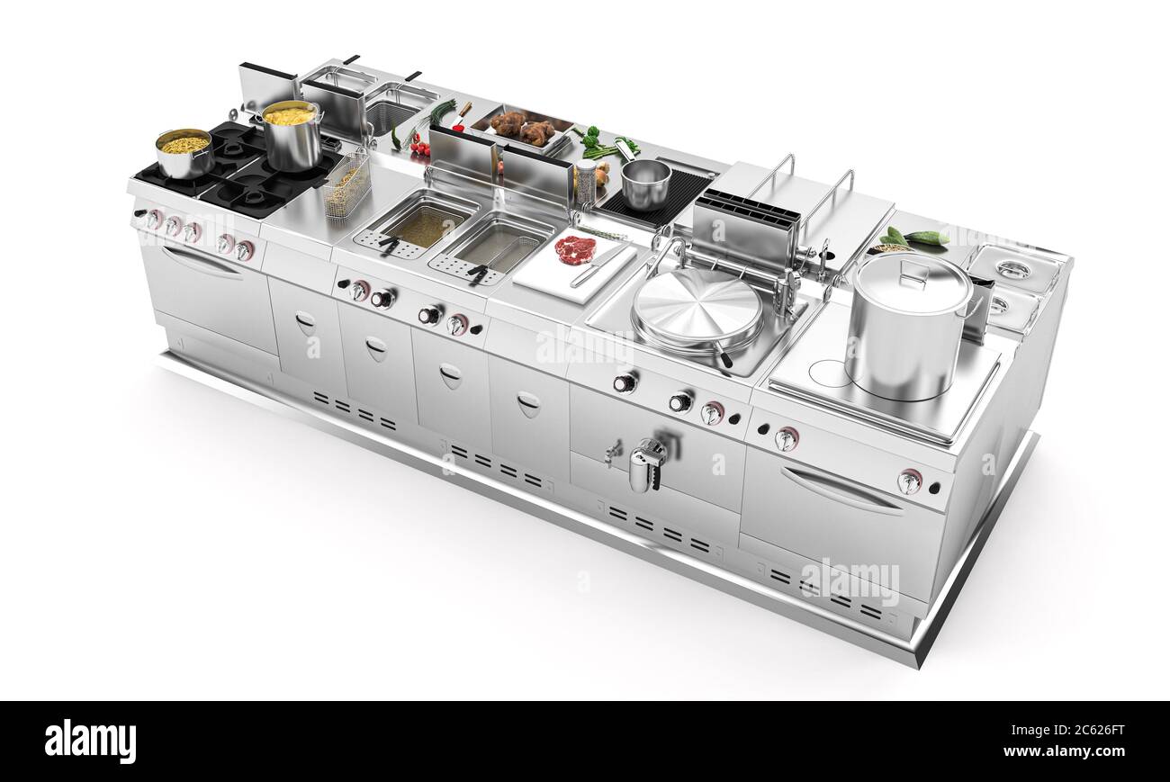 professional stainless steel kitchen for restaurants. 3d render. nobody ...