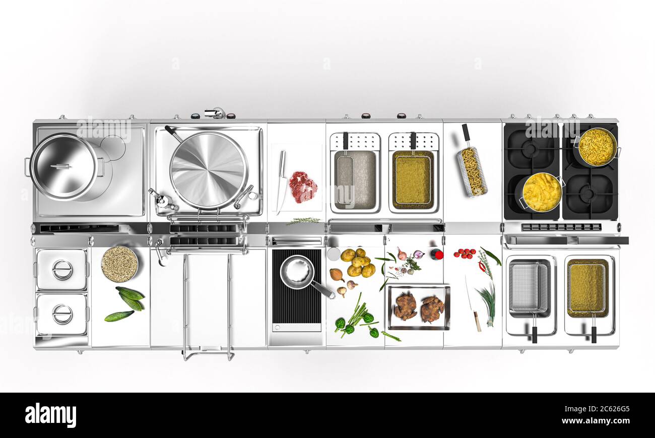 professional stainless steel kitchen for restaurants. 3d render. nobody ...