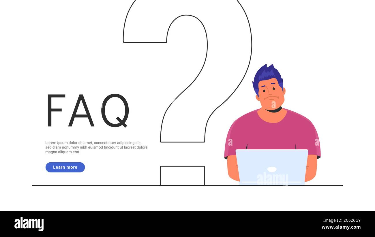 Upset and bored teenager sitting with laptop and big question symbol ...