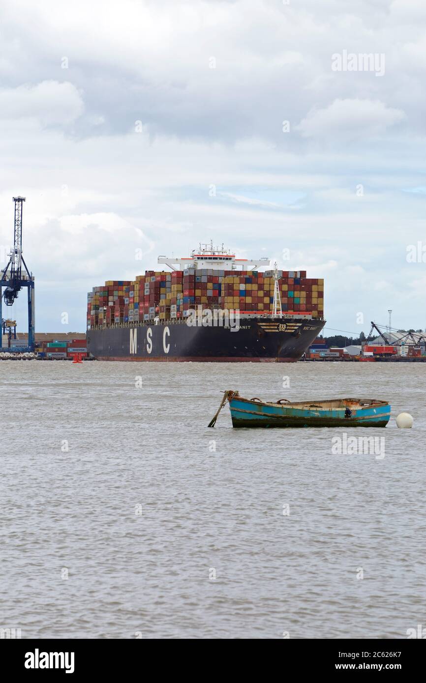 Container ship MSC Danit entering the Port of Felixstowe, Suffolk, UK ...