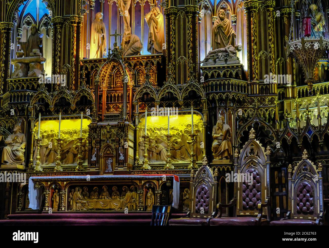 Impressive lighting seen within a large Cathedral showing the detail of ...