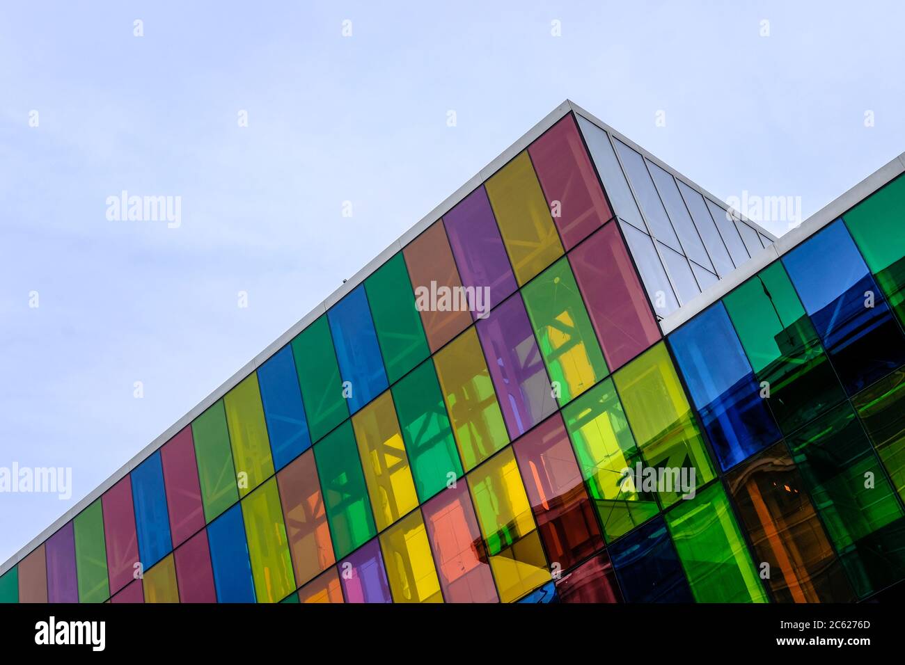 Modern, coloured glass tech building shown in abstract form Stock Photo ...