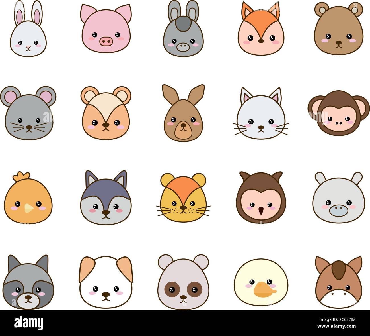 Cute cartoons line and fill style icon set design, Kawaii animals zoo ...