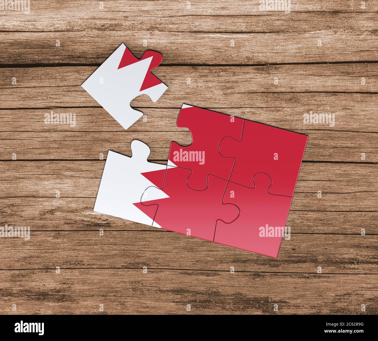 Bahrain national flag on jigsaw puzzle. One piece is missing. Danger ...