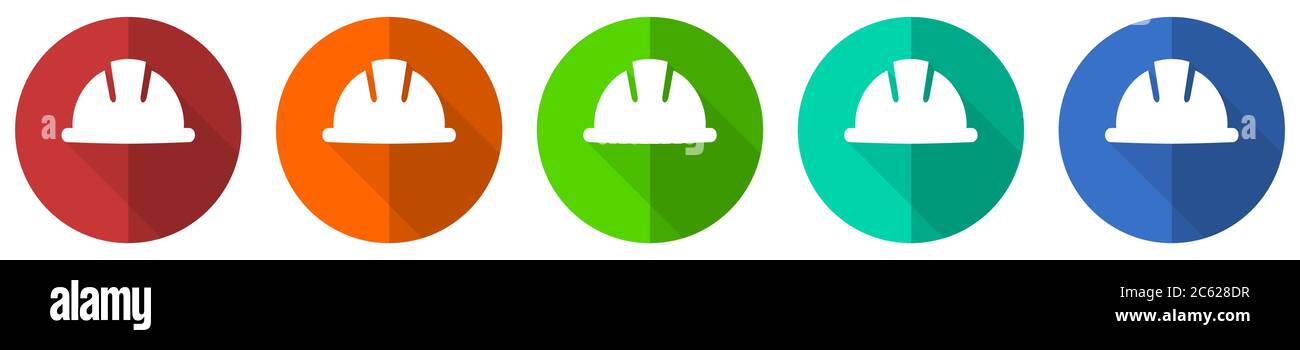 Helmet icon set, safety, engineer, worker, red, blue, green and orange ...
