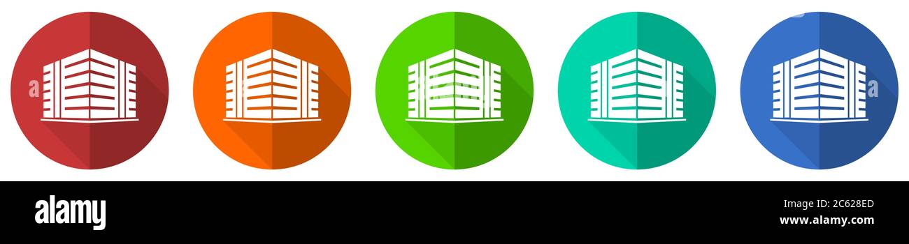 Office building icon set, red, blue, green and orange flat design web ...