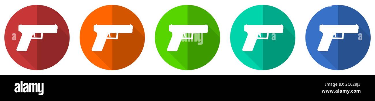 Pistol, gun, weapon icon set, red, blue, green and orange flat design ...