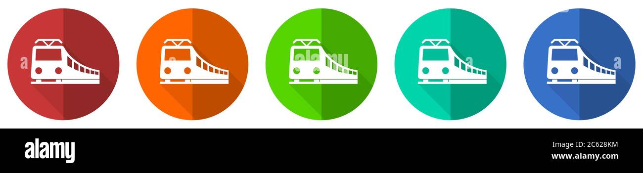 Train icon set, railway, transportation, red, blue, green and orange ...